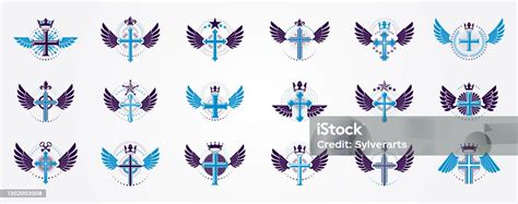 십자가 비밀 엠블럼 벡터 엠블럼 큰 세트 기독교 종교 전령 디자인 요소 컬렉션 고전적인 스타일의 헤럴드 심볼 골동품 디자인 고대의에 대한 스톡 벡터 아트 및 기타 이미지