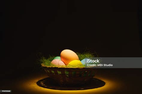 다채로운 파스텔 모노 전통적인 그린된 부활절 달걀 바구니 검은 그림자 실루엣 빛과 어두운 노란색 배경에 녹색 잔디와입니다 광고에 대 한 공간을 복사 합니다 텍스트에 대 한