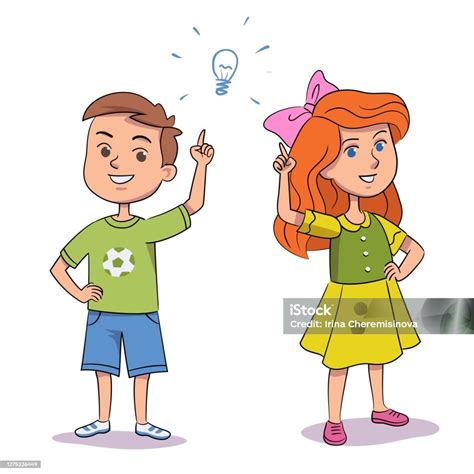 소년과 소녀는 생각 브레인 스토밍 머리 위에 전구 기호가있습니다 어린이 제스처 감정 기분의 유형의 벡터 문자 그림 가공의 인물에 대한 스톡 벡터 아트 및 기타 이미지