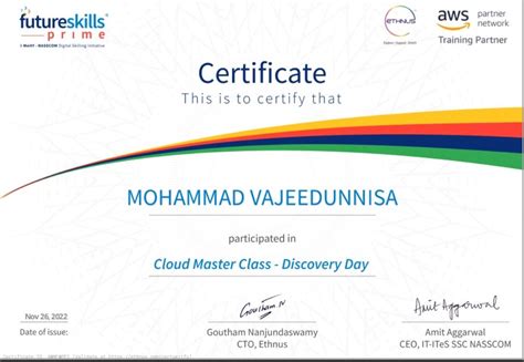 Ethnus Codemithra Aws Nasscom Futureskills Futureskillsprime Cloud Vajeedunnisa Mohammad