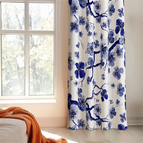 Blue Floral Pattern Curtain Bird Curtain Panel Botanical Window Treatment Spring Pattern