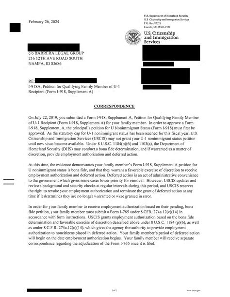 February 26 2024 Notice Of Approval Of Deferred Action Based On U Visa Application