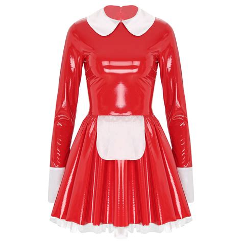 Women French Maid Costume Pvc Leather Dress Halloween Cosplay Fancy