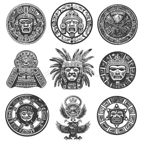 Collection Of Aztec Mayan Tribal Masks And Symbols Stock Vector
