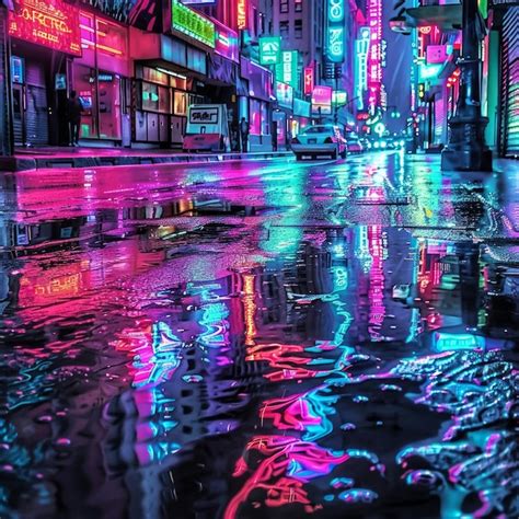 Neon Reflections In A City Puddle After Rain Premium Ai Generated Image