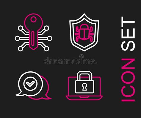 Set Line Laptop And Lock Check Mark In Speech Bubble System Bug And Smart Key Icon Vector