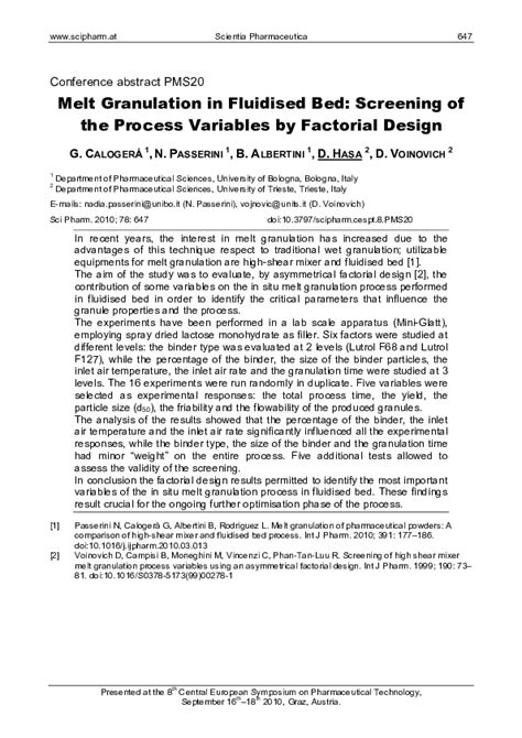 Pdf Melt Granulation In Fluidised Bed Screening Of The Process