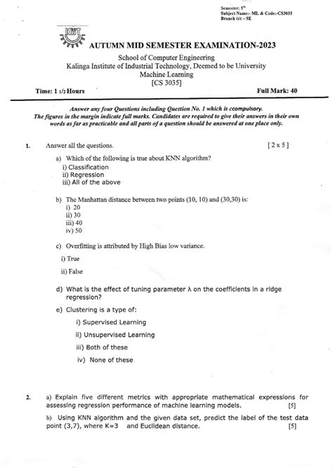 Th Semester B Tech CSSE Machine Learning CS Autumn Mid Semester Examination
