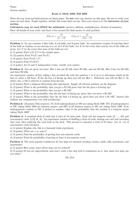 Finite Mathematics Exam 2 Fall 2005 Math 1300 Docsity