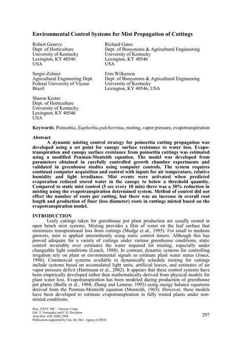 Environmental Control Systems For Mist Propagation Of Cuttings