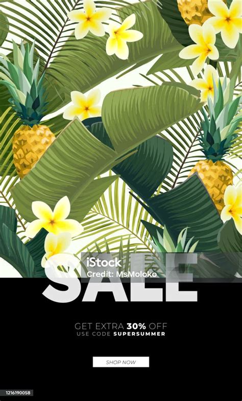 이국적인 바나나 야자수 잎 Frangipani 꽃 파인애플과 텍스트 공간 벡터 여름 디자인 판매 제공 템플릿 전단지 배경의 배너 열대 배경 그림입니다 개성 개념에 대한 스톡