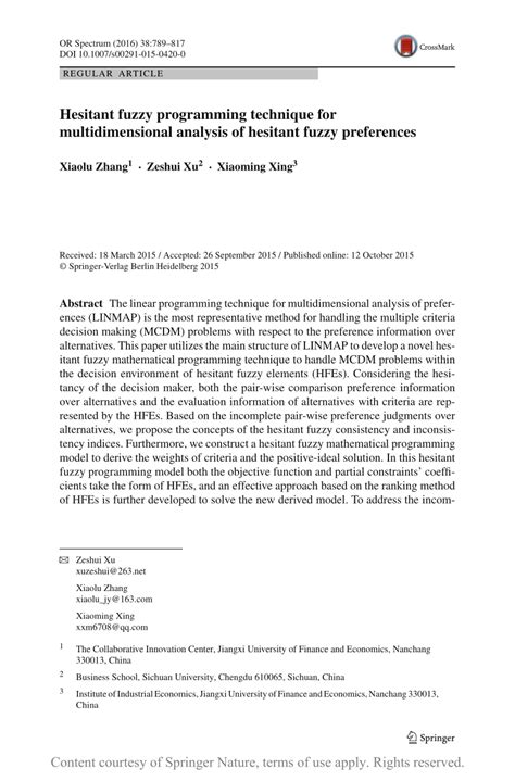 Hesitant Fuzzy Programming Technique For Multidimensional Analysis Of Hesitant Fuzzy Preferences