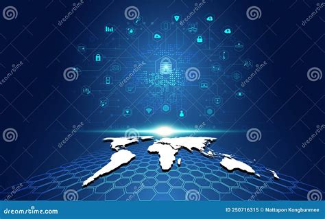 Abstract Padlock Cyber Security With Map And Icons Concept Protection Of Information In The