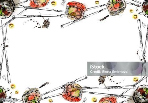 일본 음식 초밥은 생선 연어 장어 참치 새우 캘리포니아 필라델피아 알래스카 수채화와 잉크로 손으로 그린 젓가락에 롤입니다 레스토랑 카페 메뉴 레시피 북용 테두리 프레임 0