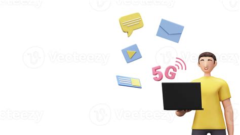 3d Man Using High Speed 5g Network In Laptop With Chat Box Video Play