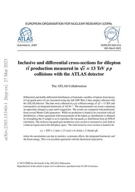 Pdf Inclusive And Differential Cross Sections For Dilepton Tbar T Production Measured In