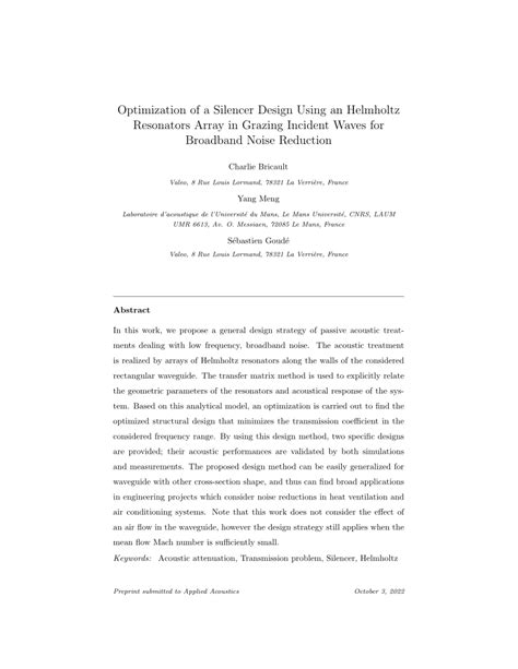 Pdf Optimization Of A Silencer Design Using An Helmholtz Resonators