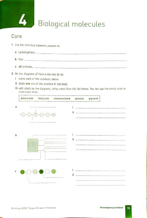 IGCSE Biological Molecules Worksheet Biolog Ica L Molecules Core List The Chemical Elements