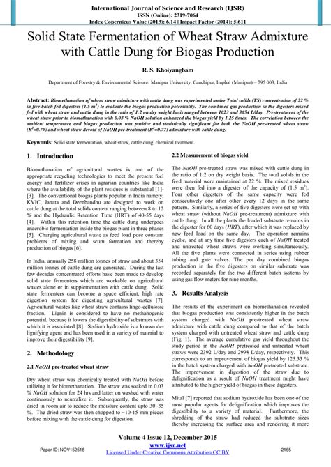 PDF Solid State Fermentation Of Wheat Straw Admixture With Cattle Dung For Biogas Production