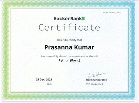 Earned Python Certificate On Hackerrank Prasanna Kumar Posted On The Topic Linkedin