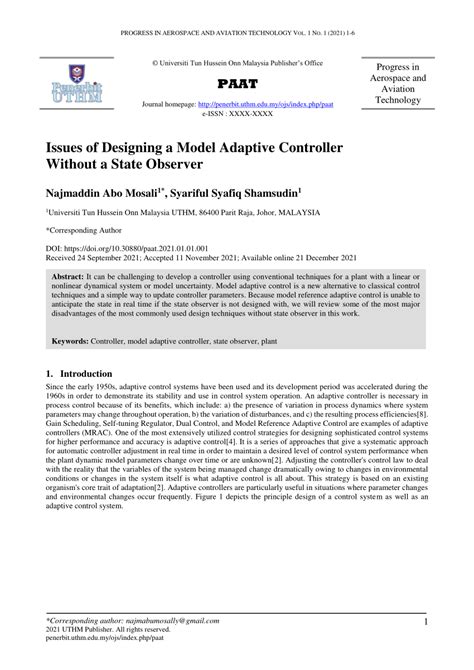 Pdf Issues Of Designing A Model Adaptive Controller Without A State