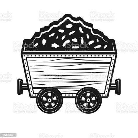 광석 돌 벡터 개체 또는 흰색 배경에 고립 된 빈티지 흑백 스타일의 디자인 요소레일 트롤리 광산업자에 대한 스톡 벡터 아트 및