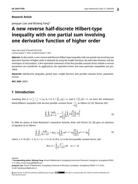 Pdf A New Reverse Half Discrete Hilbert Type Inequality With One