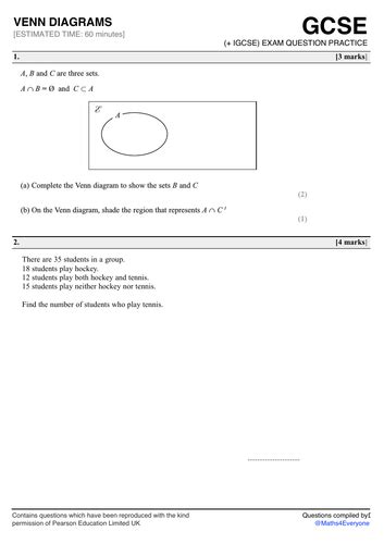 Igcse 9 1 Exam Question Practice Venn Diagrams Teaching Resources
