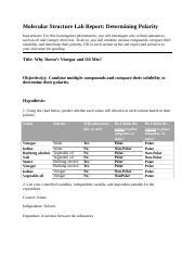 Polarity Lab Report Doc Molecular Structure Lab Report Determining Polarity Instructions For