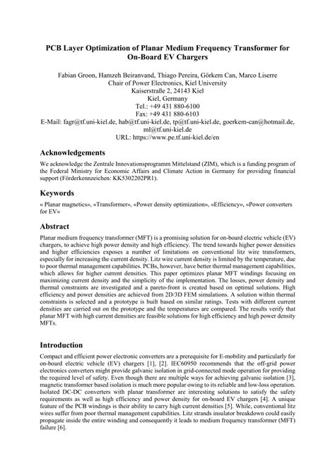 Pdf Pcb Layer Optimization Of Planar Medium Frequency Transformer For On Board Ev Chargers