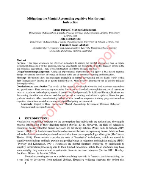Pdf Mitigating The Mental Accounting Cognitive Bias Through Instruction