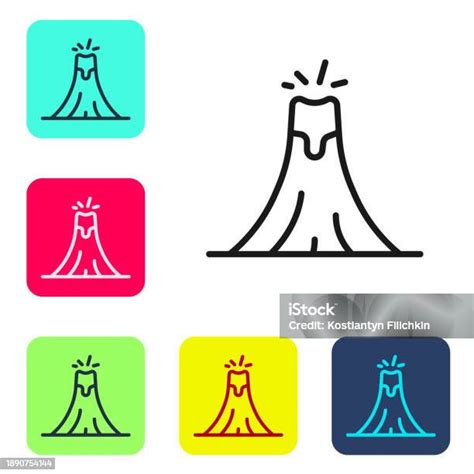 흰색 배경에 고립 된 용암 아이콘과 검은 줄 화산 분화 색상 정사각형 단추로 아이콘을 설정합니다 벡터 검은색에 대한 스톡 벡터 아트 및 기타 이미지 Istock