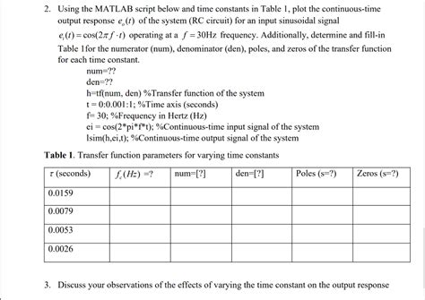 Solved Using The MATLAB Script Below And Time Constants Chegg Com