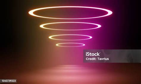 네온 배경 개념입니다 디스코 네온 불빛 배경 3d 렌더링 녹색과 노란색 둥근 네온 불빛이 빈 방에 있습니다 어두운 방의 바닥 표면 위에 둥근 네온 램프 젖은 바닥에 반사되는