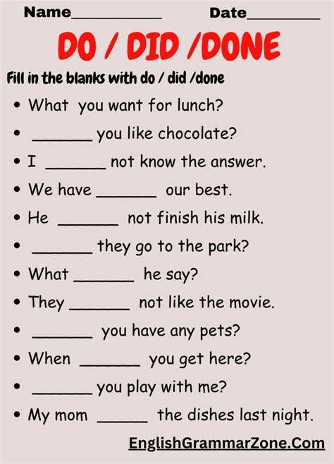 Do Did Done Worksheet Exercise Complete The Sentences Using Do Did Done