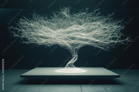 Levitating 3d Rendered Tree Composed Entirely Of Shifting Neon Lines