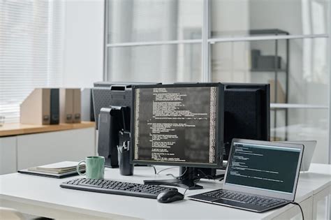 Premium Photo Workplace Of Programmer With Computer Monitors