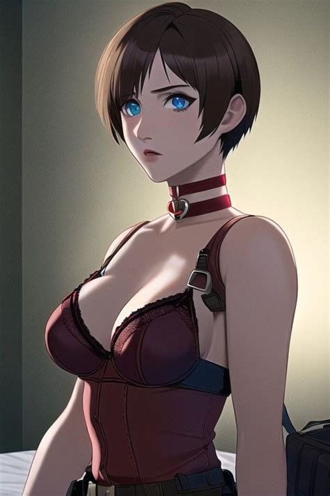 An Animated Woman With Blue Eyes In A Red Bra Top And Black Belted Skirt