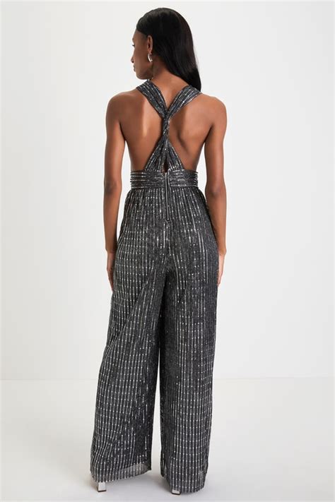 Silver Sequin Jumpsuit Wide Leg Jumpsuit Twist Back Jumpsuit Lulus