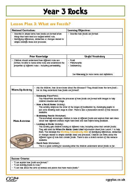 What Are Fossils — Lesson Plan Year 3 Cgp Plus