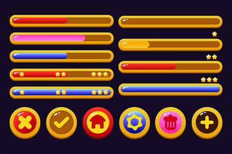 Set Of Game Assets Menu Buttons Popup Screens And Settings Buttons Red And Yellow 16666607