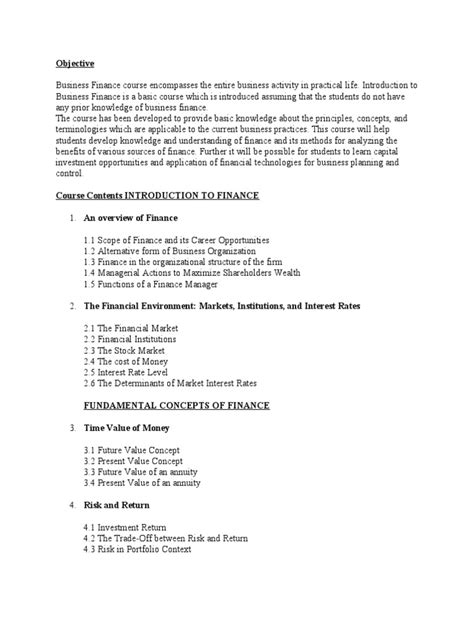 Introduction To Business Finance Course Pdf Capital Budgeting
