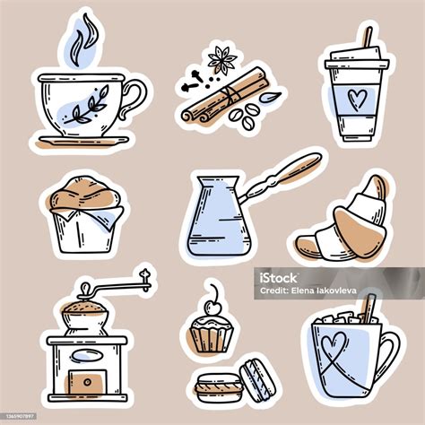 커피 스티커 세트 커피 컵 세즈브 향신료 커피 그라인더 크루아상 및 기타 패스트리와 함께 설정된 벡터 스케치 일러스트레이션 격리된 벡터 개체입니다 카페 및 레스토랑용 메뉴