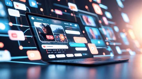 Social Media Interface On Laptop Displaying User Engagement And Content Interaction Stock