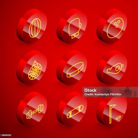 세트 라인 럭비 공 권투 글러브 볼링 클래식 다트 보드 하키 퍽 휘파람 덤벨 및 스케이트 보드 트릭 아이콘 벡터 3차원 형태에 대한 스톡 벡터 아트 및 기타 이미지 Istock