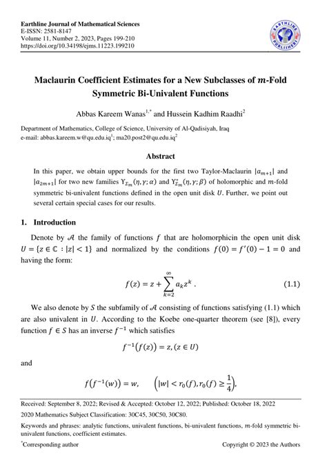 Pdf Maclaurin Coefficient Estimates For A New Subclasses Of M Fold