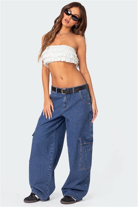 Nia Ruffled Eyelet Bandeau Top Denim Fabric Strapless Lace Top