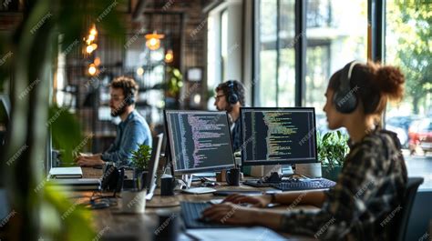 Software Developers Coding Together In A Modern Office Collaborating On Screens With Code The