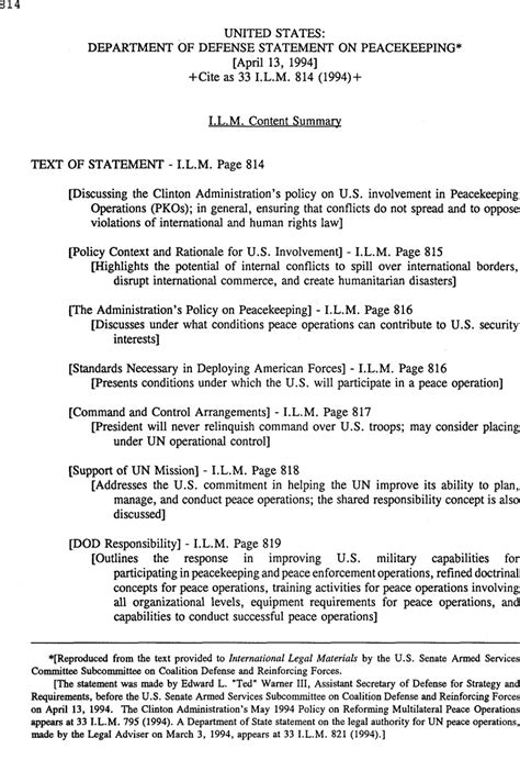 United States Department Of Defense Statement On Peacekeeping