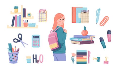 학용품과 소녀 세트 유치하고 귀여운 문구 주제 학교로 돌아 가기 손으로 그린 스타일의 벡터 플랫 그림입니다 가위에 대한 스톡 벡터 아트 및 기타 이미지 Istock